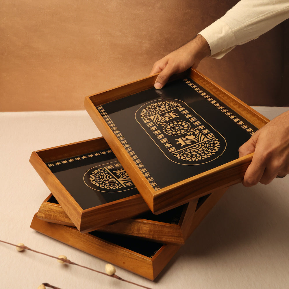 Gold King Queen Wood Rectangle Tray | Modern Mandala Design Tray